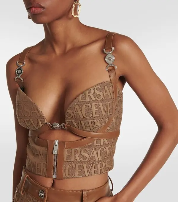 Versace Allover Leather-trimmed Bustier - Beige
