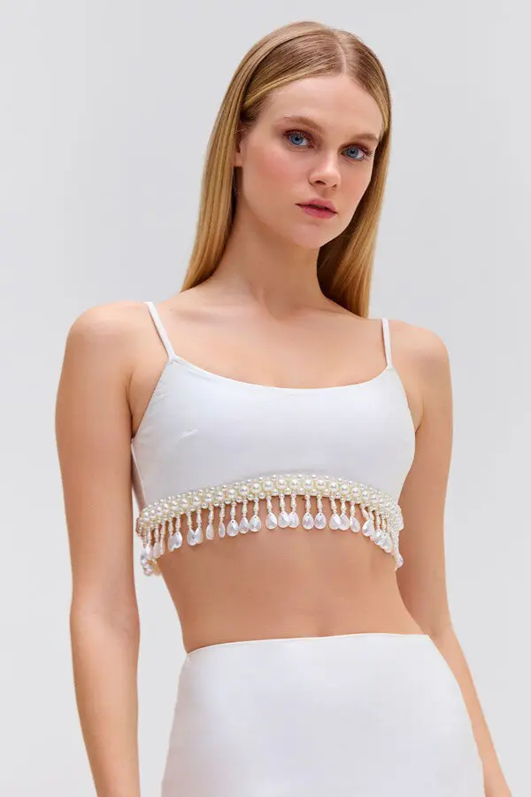 PatBO Hand-beaded Cropped Top - White