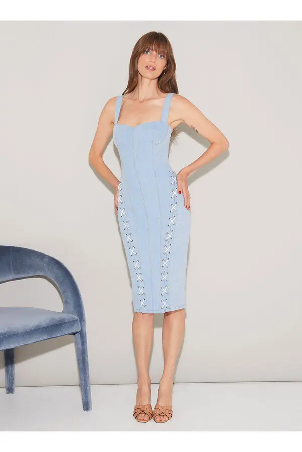 white christmas dresses Blu Pepper Front Lace Midi Dress Denim / L, Size L main image 1