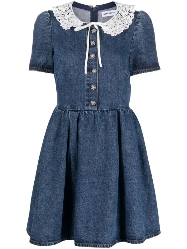 SELF-PORTRAIT Lace-trimmed Denim Mini Dress