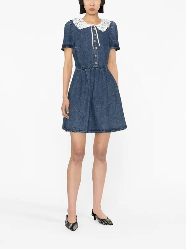 SELF-PORTRAIT Lace-trimmed Denim Mini Dress