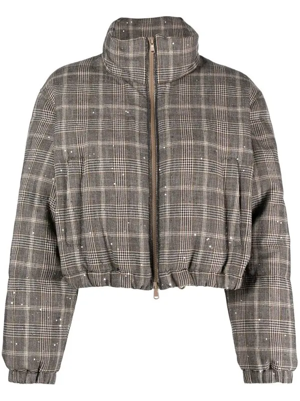 Brunello Cucinelli Checked Padded Hooded Jacket - Neutrals