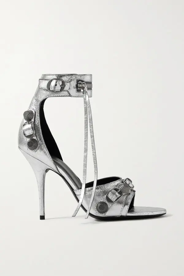 Balenciaga Cagole Embellished Metallic Crinkled-leather Sandals