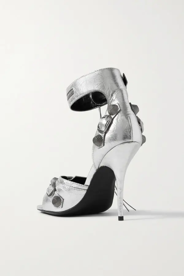 Balenciaga Cagole Embellished Metallic Crinkled-leather Sandals