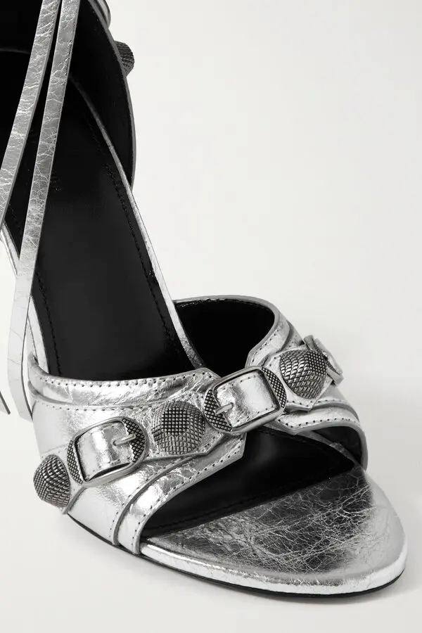 Balenciaga Cagole Embellished Metallic Crinkled-leather Sandals