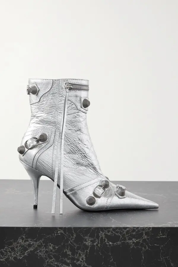 Balenciaga Le Cagole Studded Crinkled-leather Ankle Boots - Silver