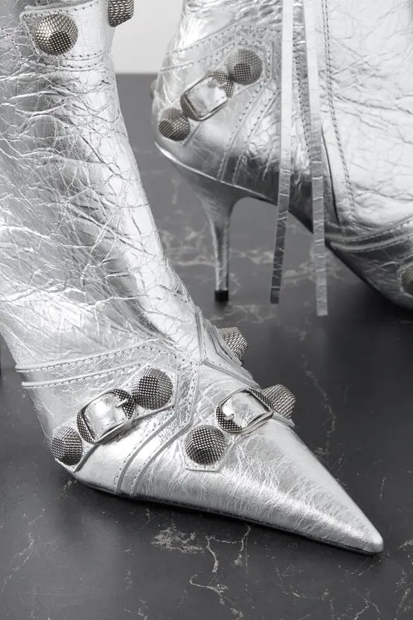 Balenciaga Le Cagole Studded Crinkled-leather Ankle Boots - Silver