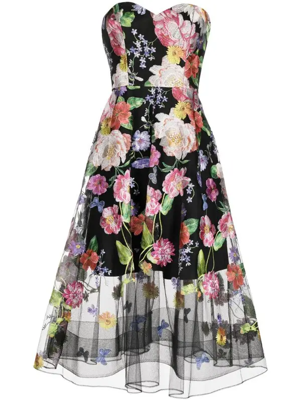 Marchesa Floral-Embroidered Strapless Midi Dress In Black - 60% Off |  Editorialist
