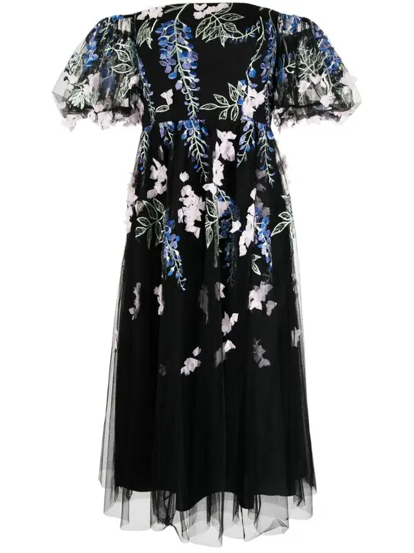 Marchesa Floral-embroidered Off-shoulder Midi Dress - Black