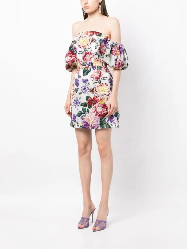 Marchesa Floral-embroidered Off-shoulder Minidress