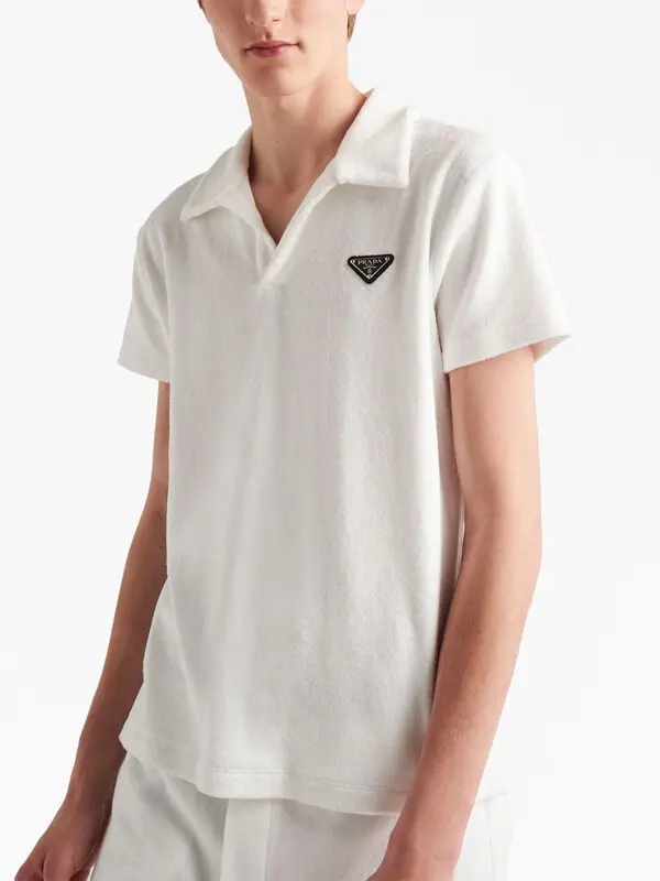 Prada tricolor polo shirt プラダ ポロシャツ Prada Logo-Plaque Terry-Cloth Polo Shirt - White | Editorialist
