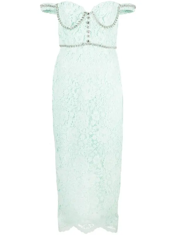 SELF-PORTRAIT Off-shoulder Lace Midi Dress - Green