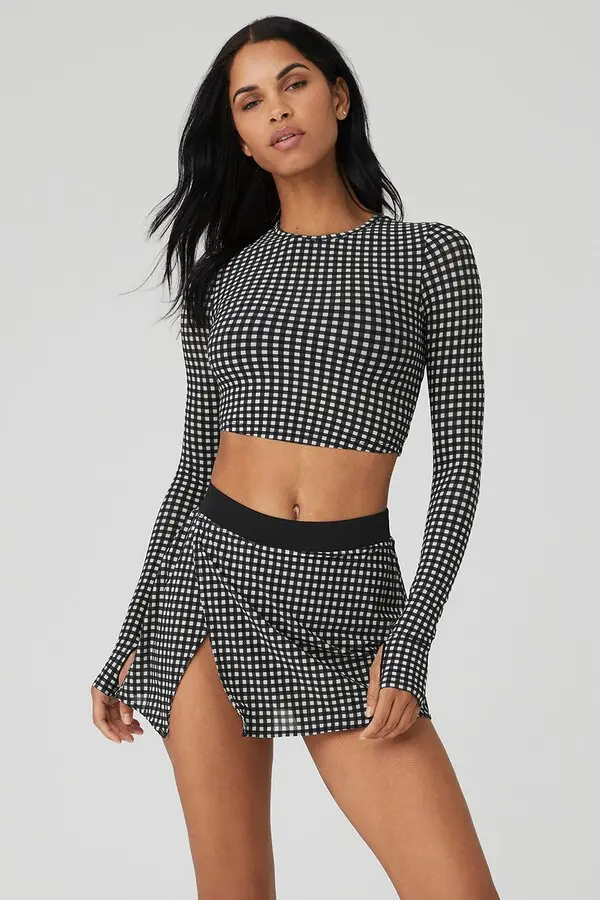 Alo Yoga Mesh Gingham Cropped Long Sleeve Top - Black | Editorialist