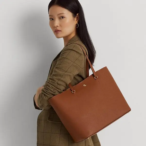 Ralph Lauren Crosshatch Leather Large Karly Tote - Lauren Tan