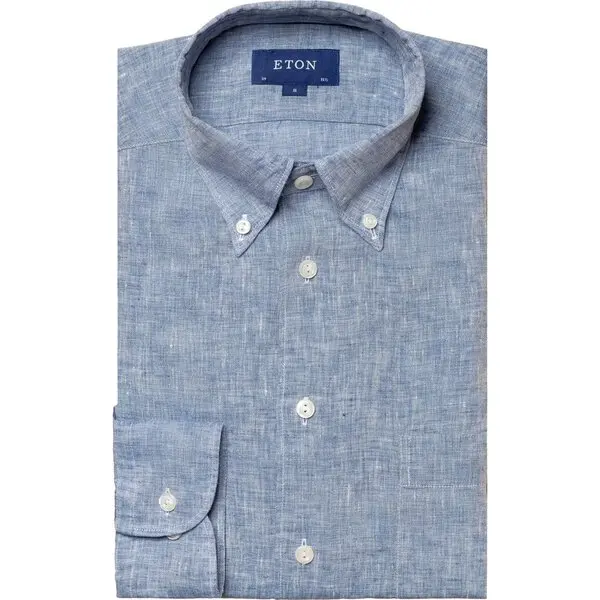 Eton Slim Fit Short Sleeve Linen Button-up Shirt - Blue