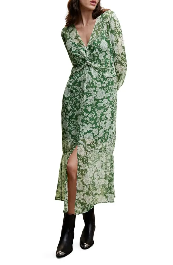 Mango Long Sleeve Floral Midi Dress - Green | Editorialist