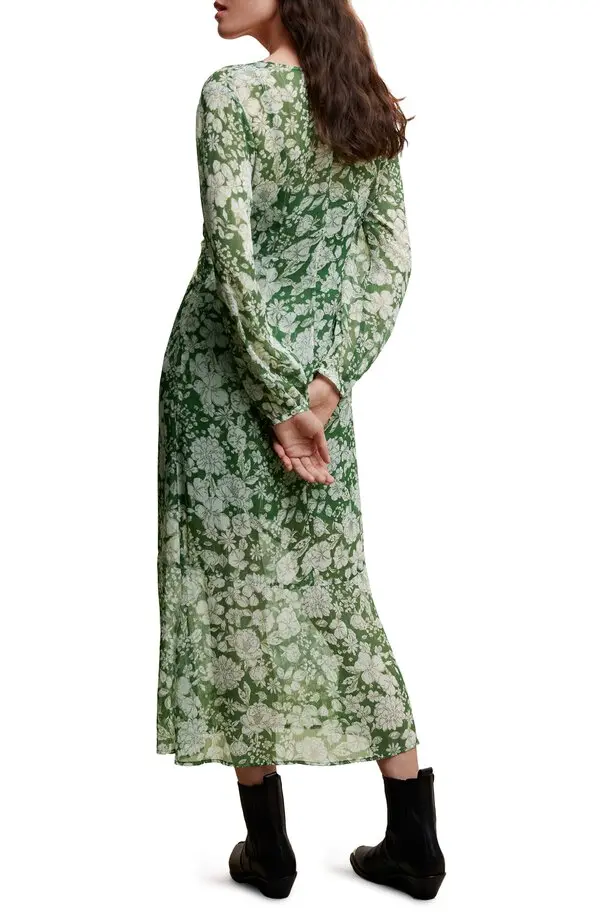Mango Long Sleeve Floral Midi Dress - Green | Editorialist