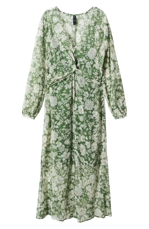 Mango Long Sleeve Floral Midi Dress - Green | Editorialist