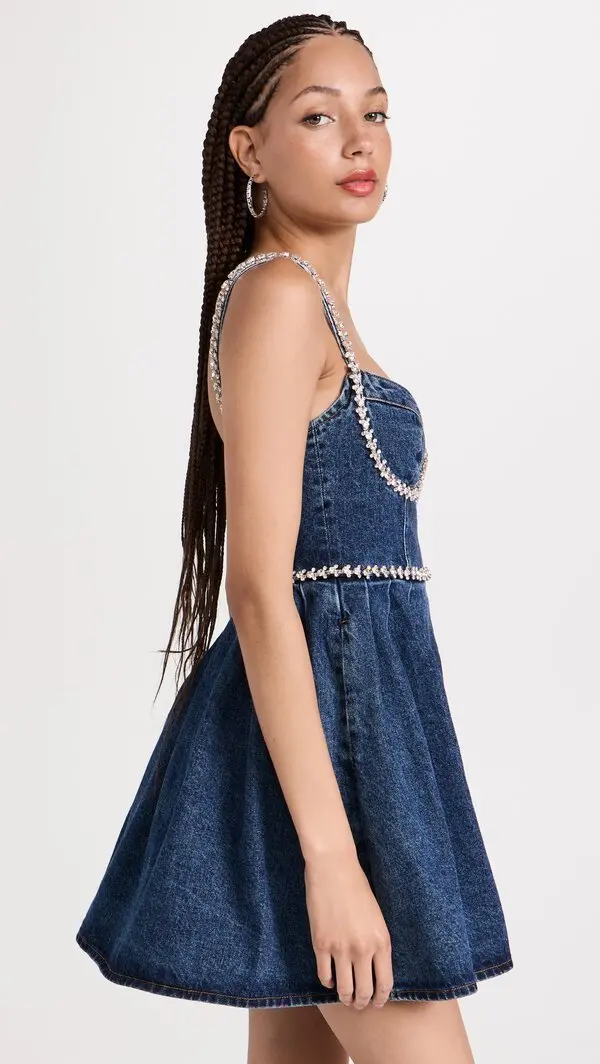 Self-Portrait Diamante Detail Denim Mini Dress - Blue | Editorialist