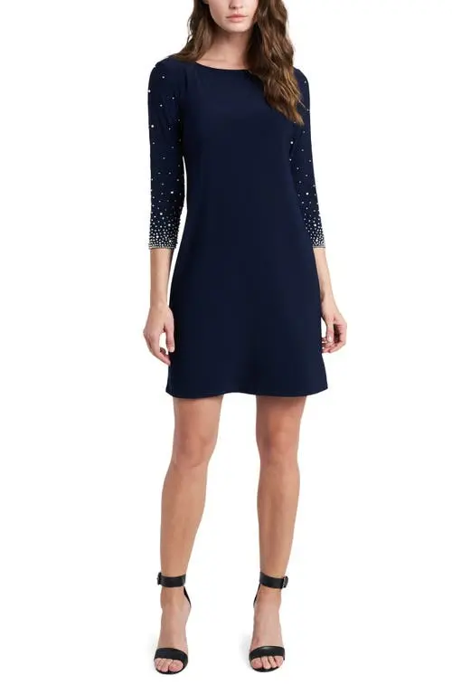 Chaus Imitation Pearl And Rhinestone Embellished Sheath Dress - Navy