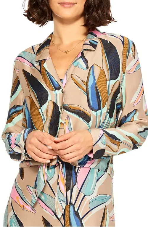 NIC+ZOE Leaf Print Button-up Blouse - Aqua Multi