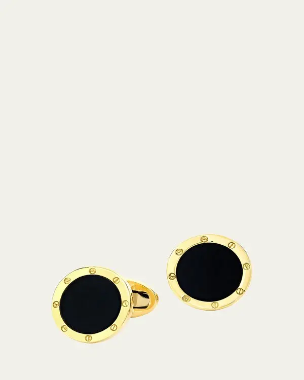 JAN LESLIE 18k Yellow Gold Round Gemstone Cufflinks - Black/gold