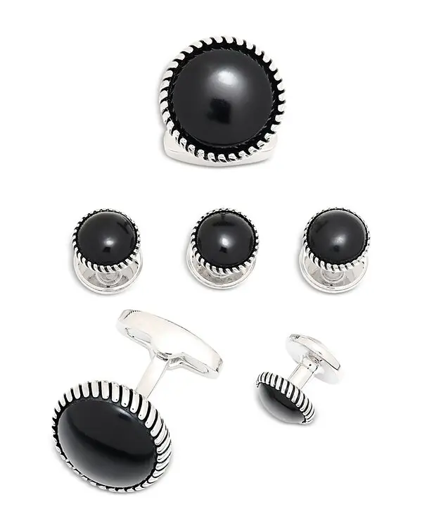 LINK UP Onyx Inlay Rhodium Plated Round Stud & Cufflink Set - Black