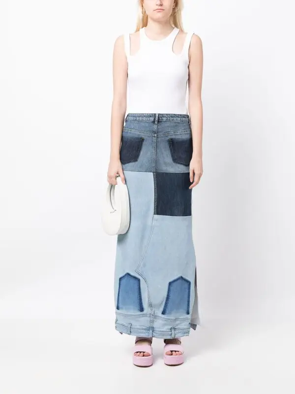 A.W.A.K.E. Mode Upcycled Trompe L'oeil Denim Maxi Skirt