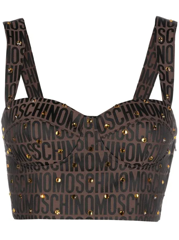 Moschino Logo-print Crystal-embellished Top - Brown