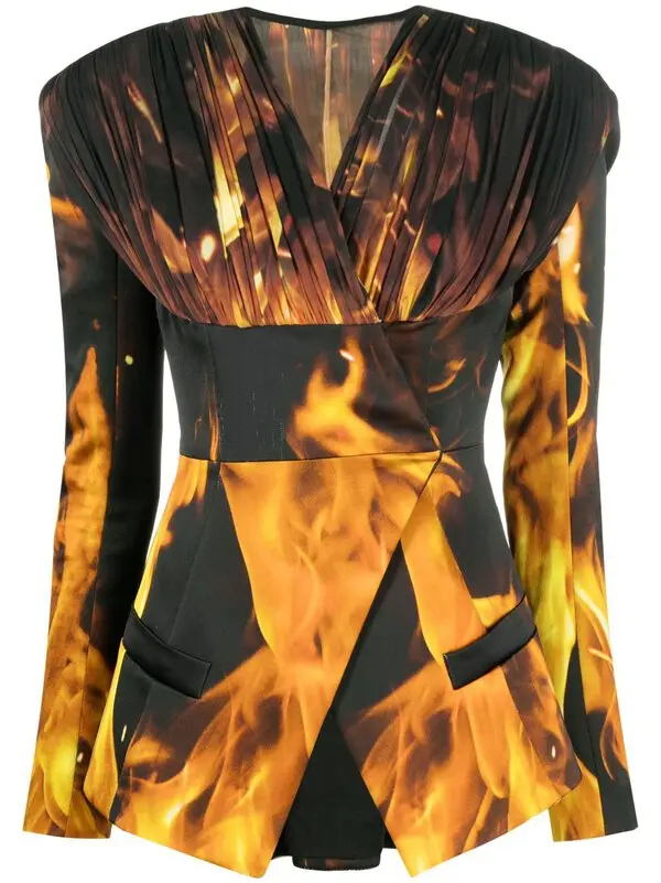 Balmain Fire-print Collarless Blazer - Black