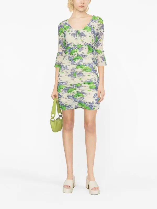 GANNI Floral-print Ruched Minidress - Neutrals