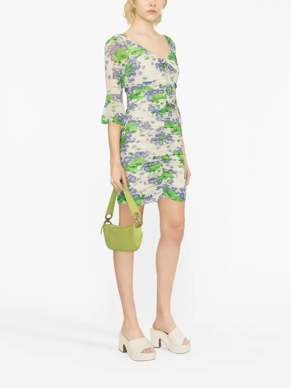 GANNI Floral-print Ruched Minidress - Neutrals