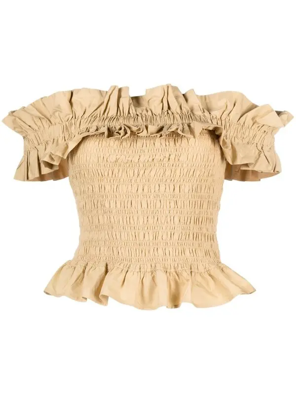 GANNI Ruffled Off-shoulder Organic Cotton Top - Brown