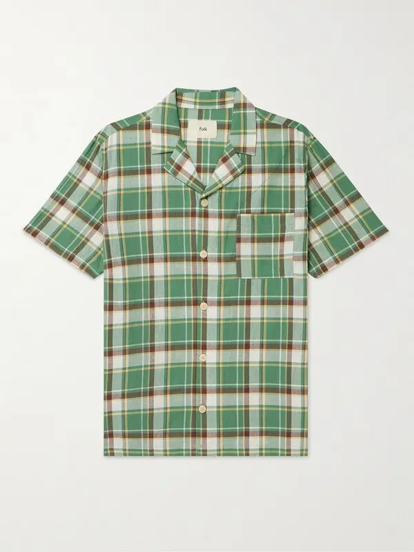 Folk Camp-collar Checked Cotton Shirt - Green