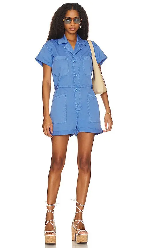 PISTOLA Parker Short Sleeve Romper In Blue