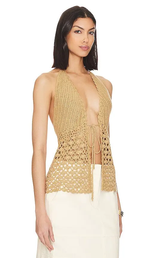 MORE TO COME Alice Tie Front Halterneck Crochet Top - Toast