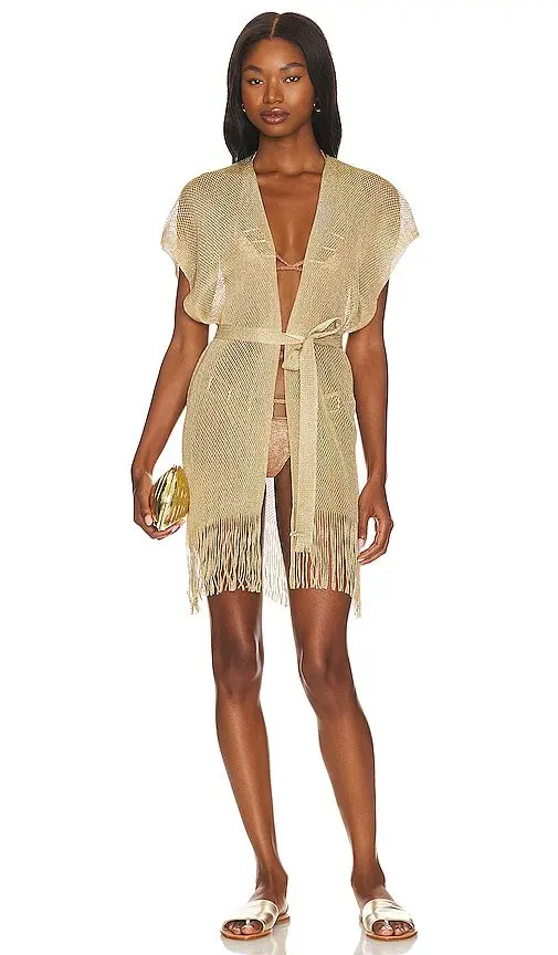 Luli Fama Finge Short Caftan In Metallic Gold - Gold Rush