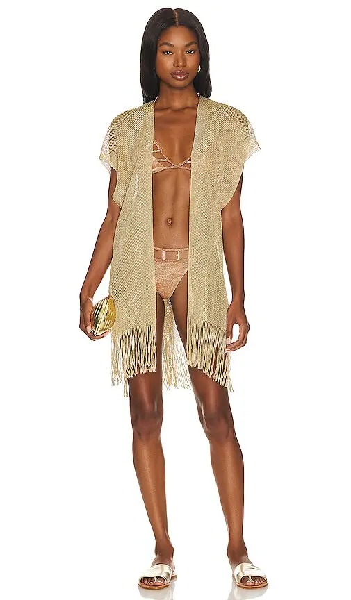 Luli Fama Finge Short Caftan In Metallic Gold - Gold Rush