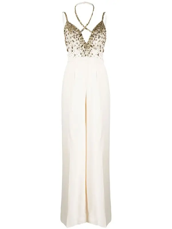 Zuhair Murad Stone-embellished Flared Jumpsuit - White