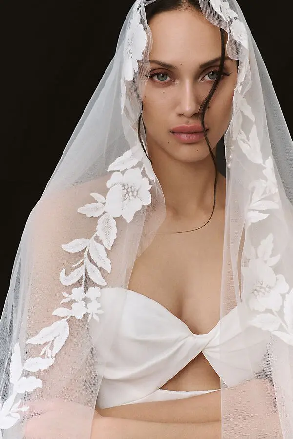 Jenny Yoo Floral Lace Appliqué Chapel Veil
