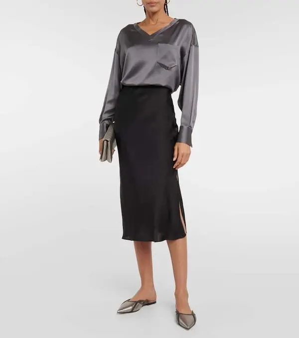 Brunello Cucinelli Satin Midi Skirt - Black