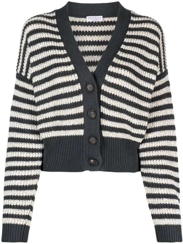 Brunello Cucinelli Striped V-neck Cardigan - Grey