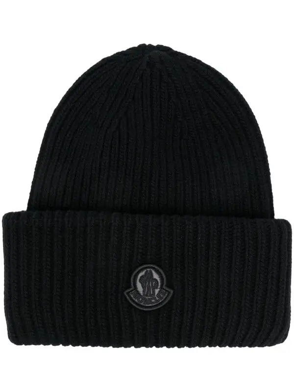 Moncler Logo-patch Knitted Wool Beanie - Black