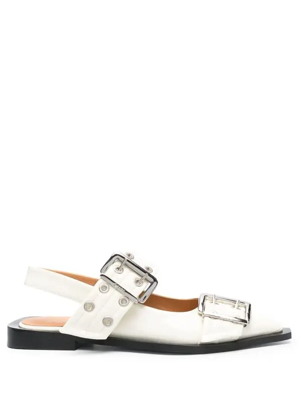 GANNI Wide Welt Buckled Ballerina Shoes - White