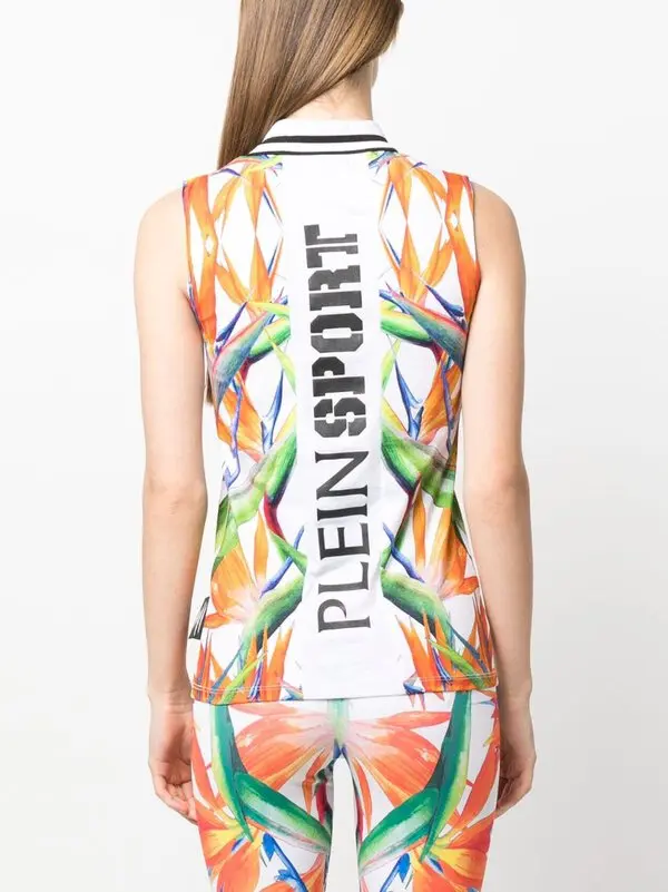 PLEIN SPORT Floral-print Sleeveless Polo Top - White