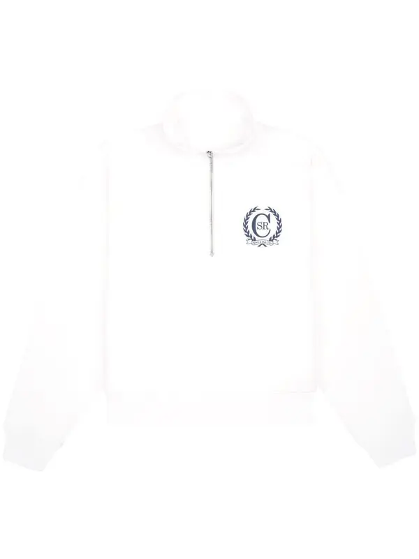 SPORTY & RICH Logo-print Zipped Cotton Jumper - White