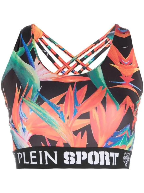 PLEIN SPORT Botanical-print Jogging Bra - Black