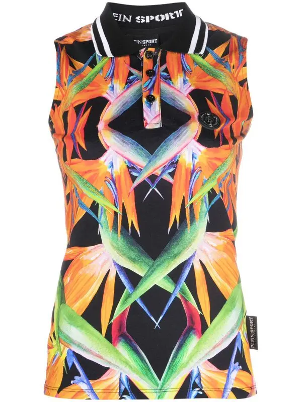 PLEIN SPORT Floral-print Sleeveless Polo Shirt - Black
