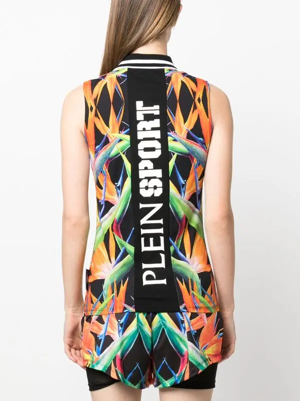 PLEIN SPORT Floral-print Sleeveless Polo Shirt - Black