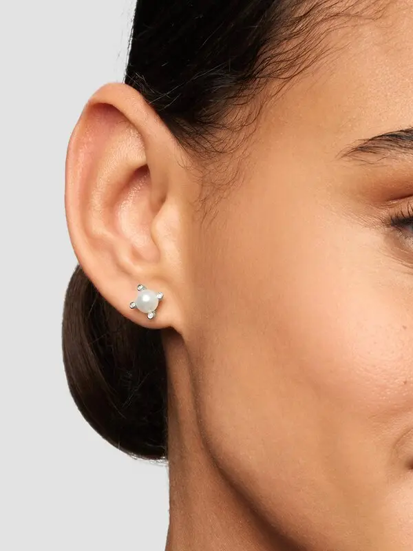 David Yurman Stud Earrings In Sterling Silver With Pearls And Diamonds, 7.4mm